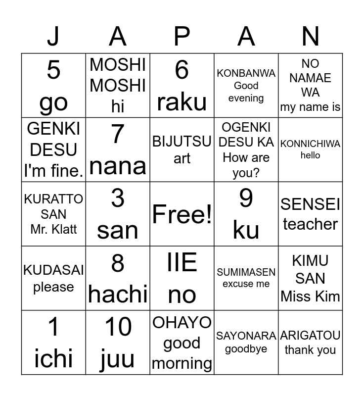JAPAN Bingo Card