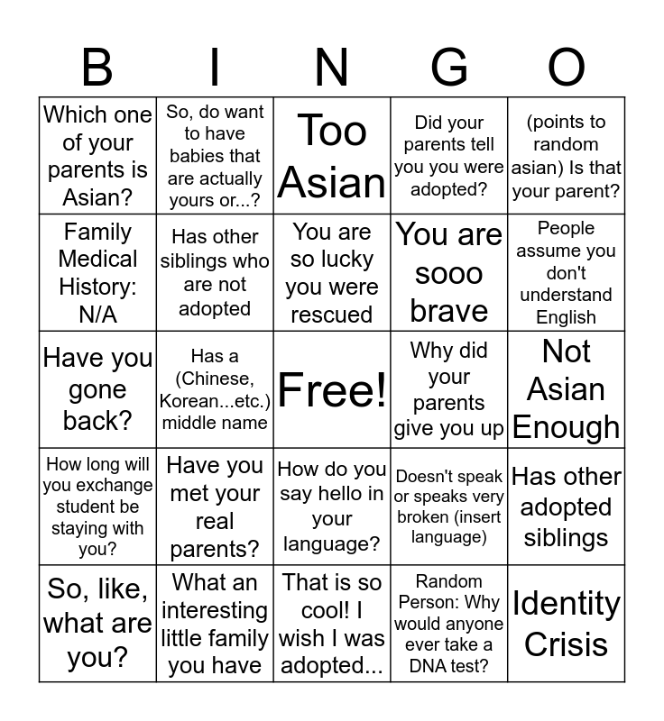 Subtle Asian Adoptee Traits Bingo Card