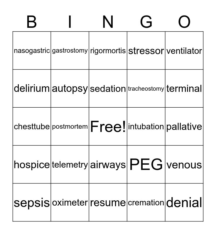 Ventilator Bingo Card