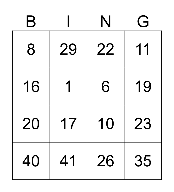 Bingo 1-50 Bingo Card