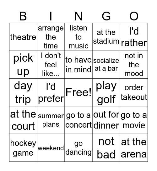 Making Weekend Plans Bingo Card
