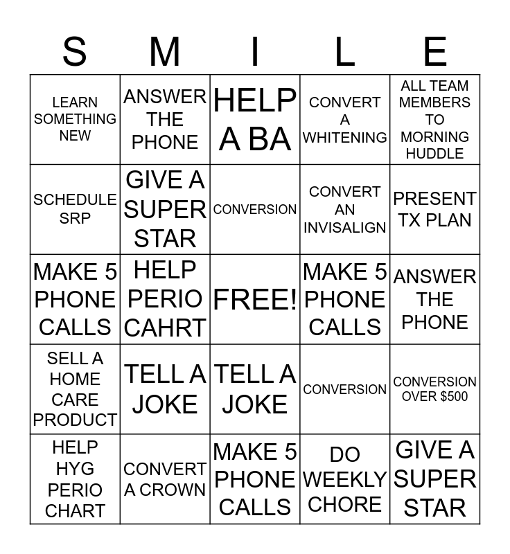 Smile For Life Bingo Card
