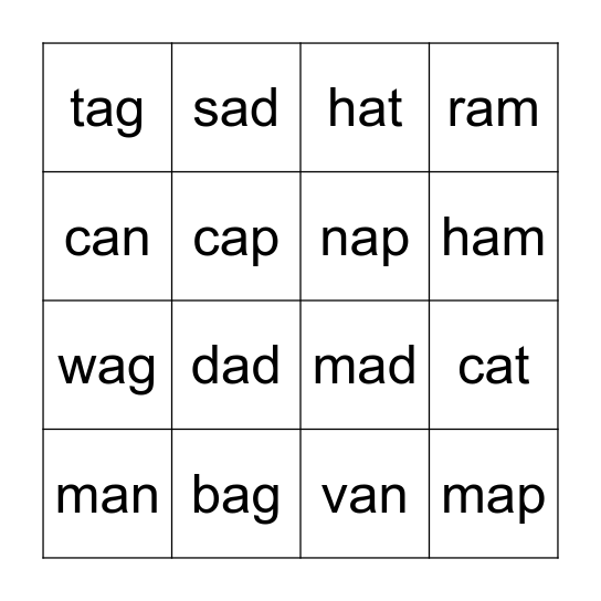 Short A Bingo Card
