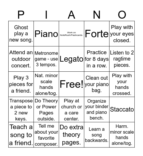 Ms Marti Summer Study Piano Bingo 2019 Bingo Card