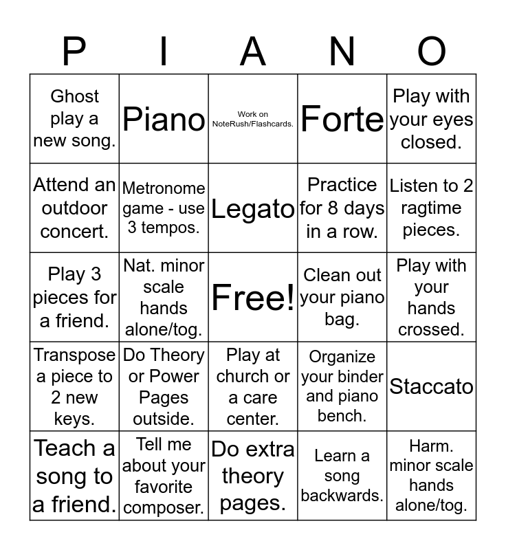 Ms Marti Summer Study Piano Bingo 2019 Bingo Card