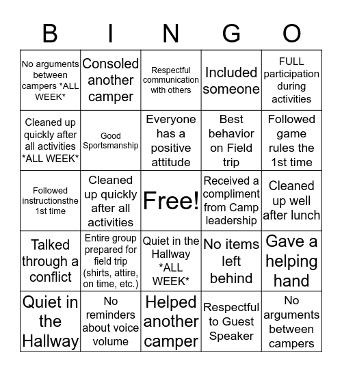 Good Behavior Bingo Card