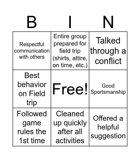 Good Behavior Bingo Card