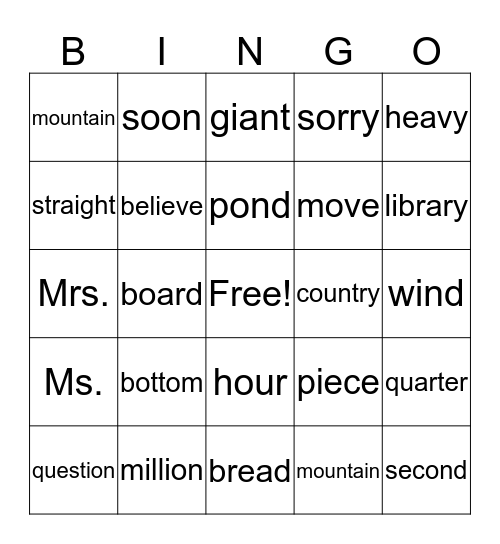 1R Power Word Bingo Card