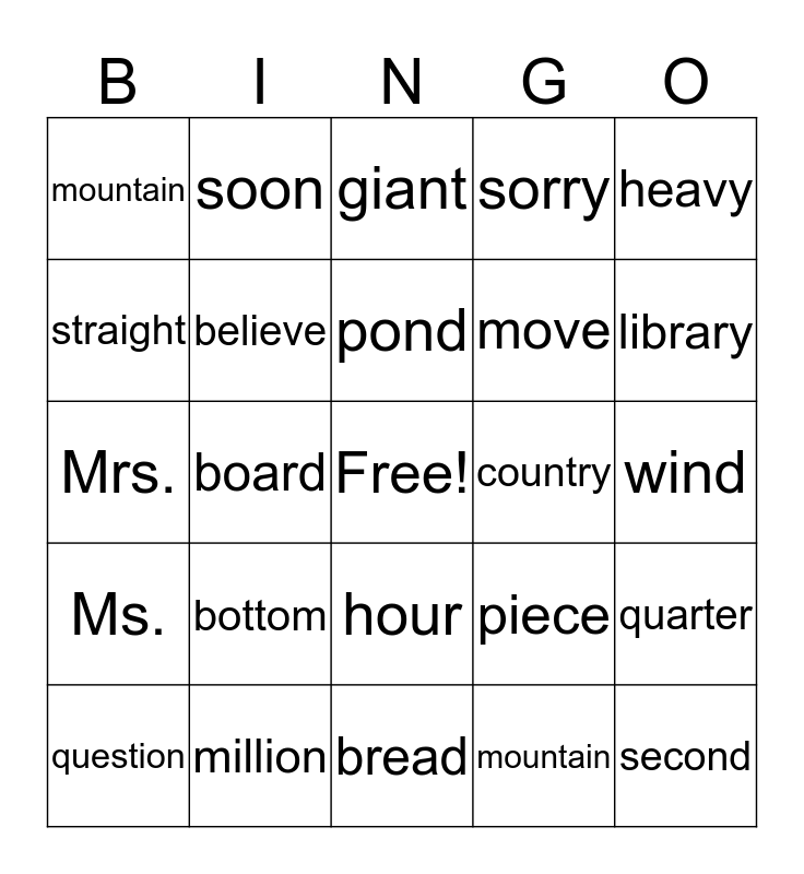 1R Power Word Bingo Card