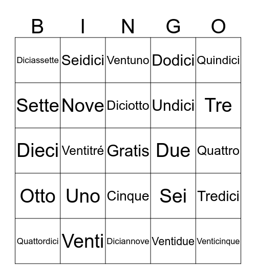 Numbers Tombola Bingo Card
