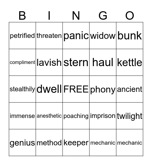 DANNY CHAMPION OF THE WORLD CHAPTERS 1 - 9 VOCABULARY Bingo Card