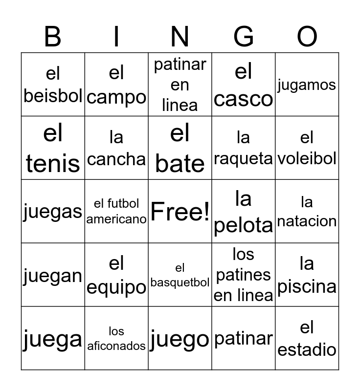Jugar and Sports vocab Bingo Card