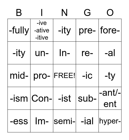 Prefix & Suffix Practice Bingo Card