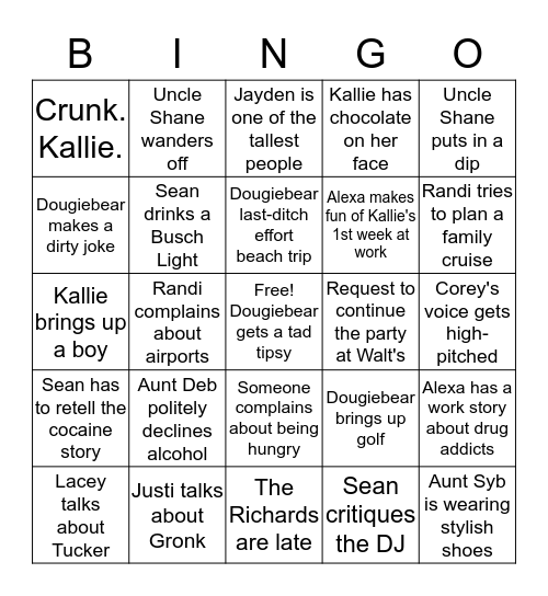Wedding Reception Bingo Card