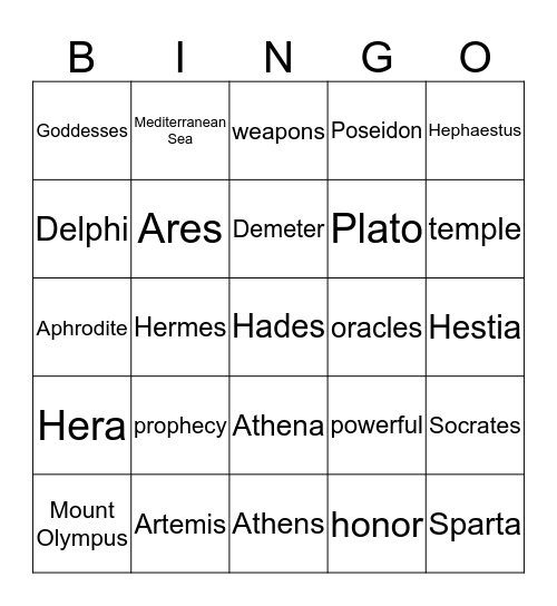 Ancient Greek Gods and Goddesses Bingo Card