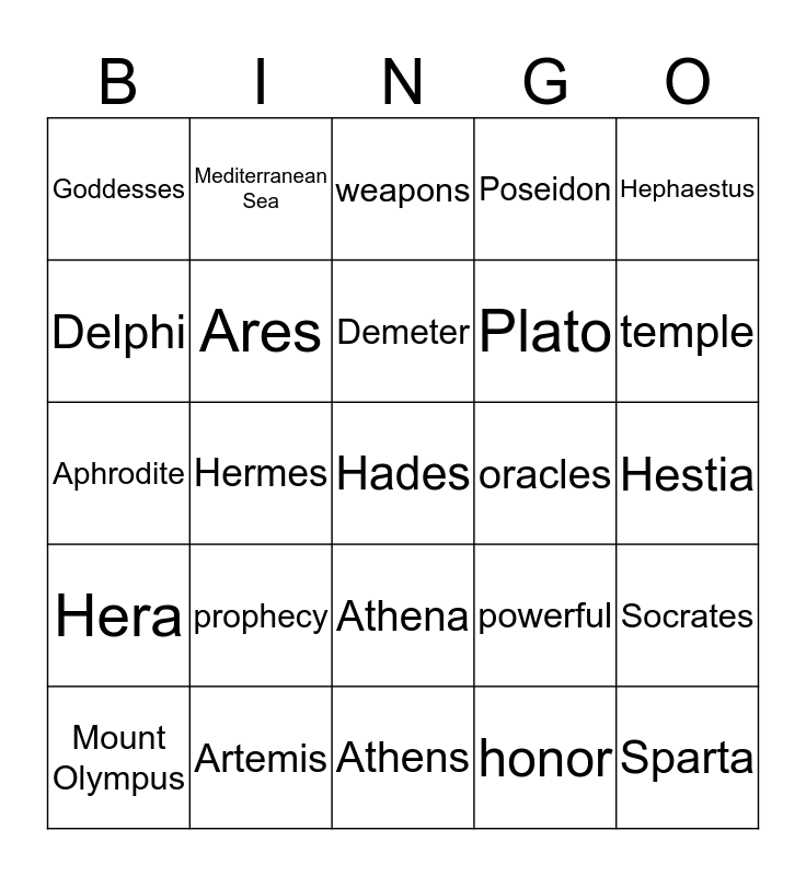 Ancient Greek Gods and Goddesses Bingo Card