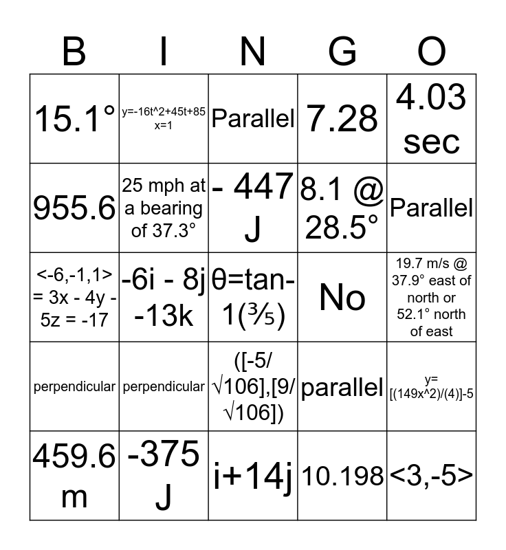 Unit 7 Vectors Bingo Card