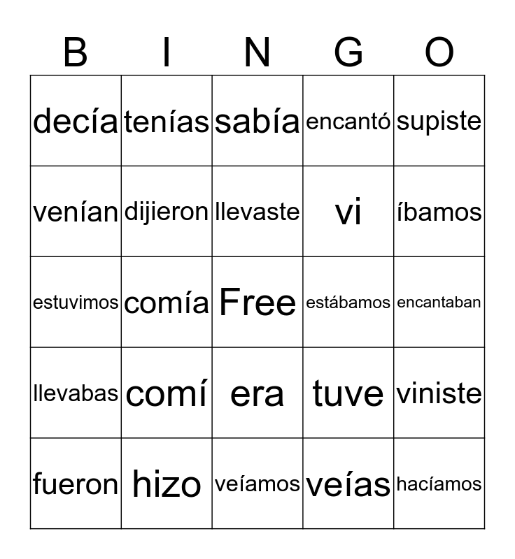 Preterite and Imperfect Tense Bingo Card