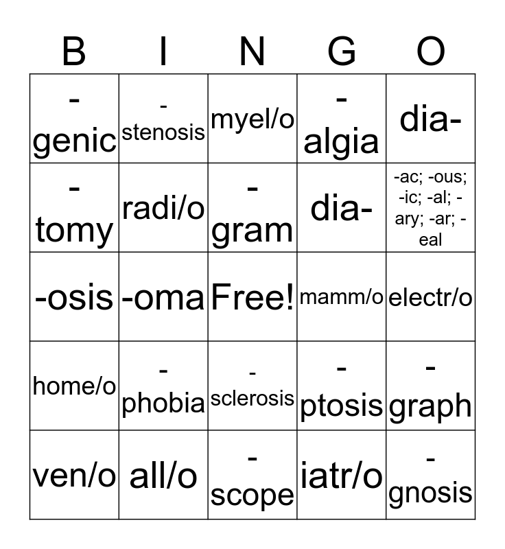 Roots, Suffixes, Prefixes Bingo Card
