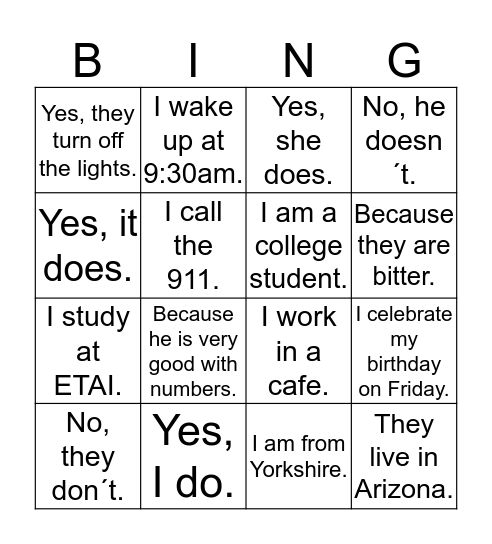 Simple Present Bingo Card