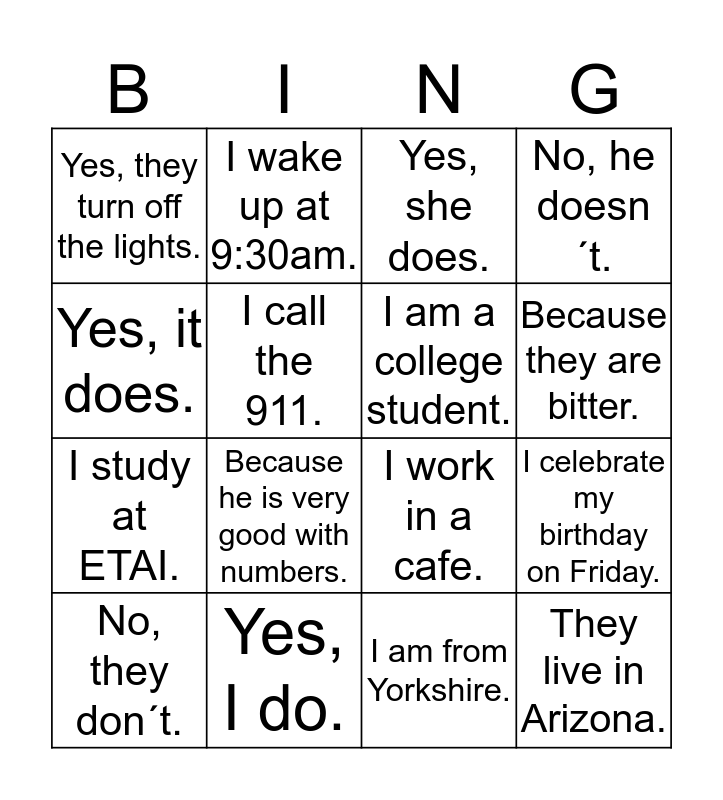 Simple Present Bingo Card