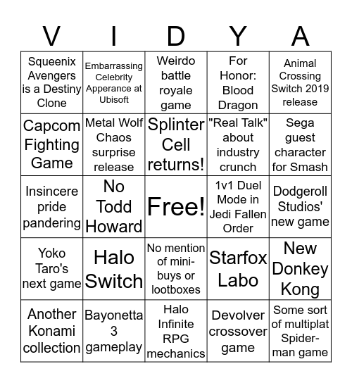 E3 OINGO BINGO 2019 Bingo Card