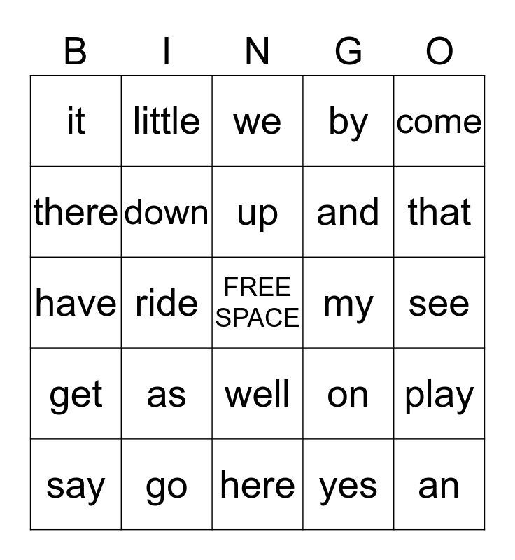 Sight Word Bingo Card