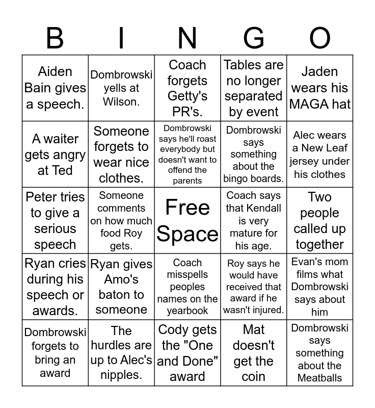 2018-19 T&F Banquet Bingo Bingo Card