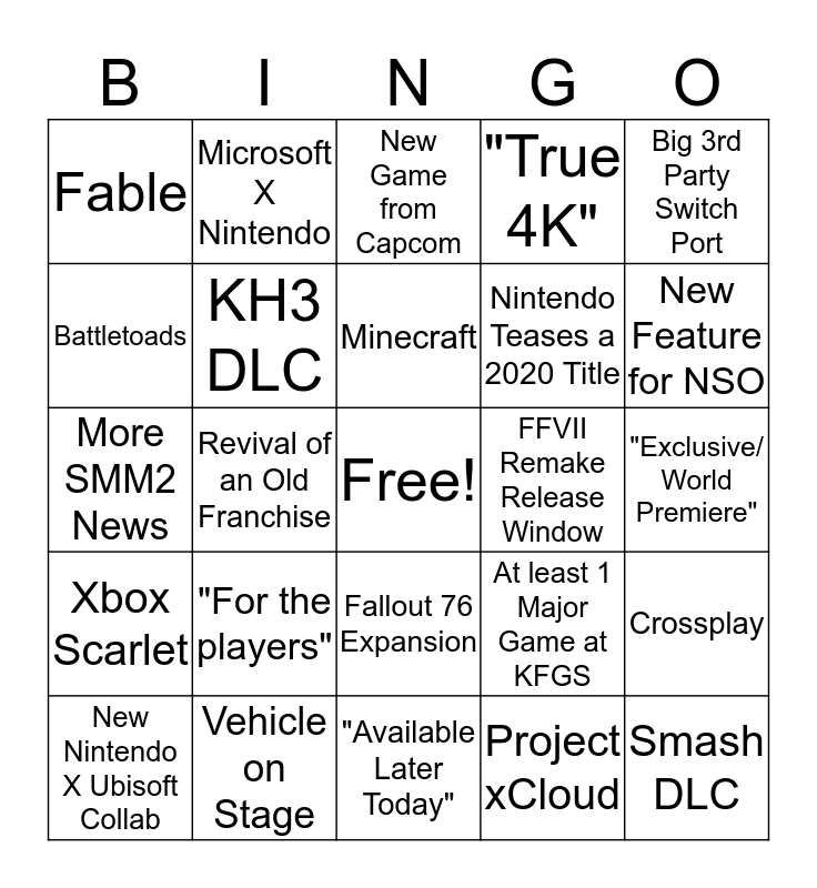 E3 2019 Bingo Card