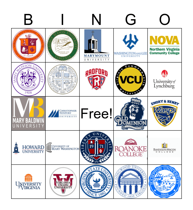 Virginia Schools Bingo Card