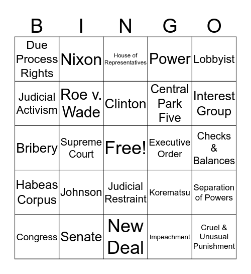 Civics Final Review Bingo Card