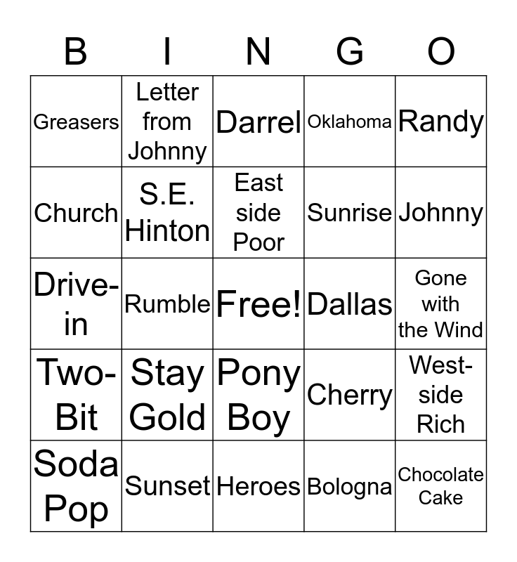 The Outsiders Bingo Card