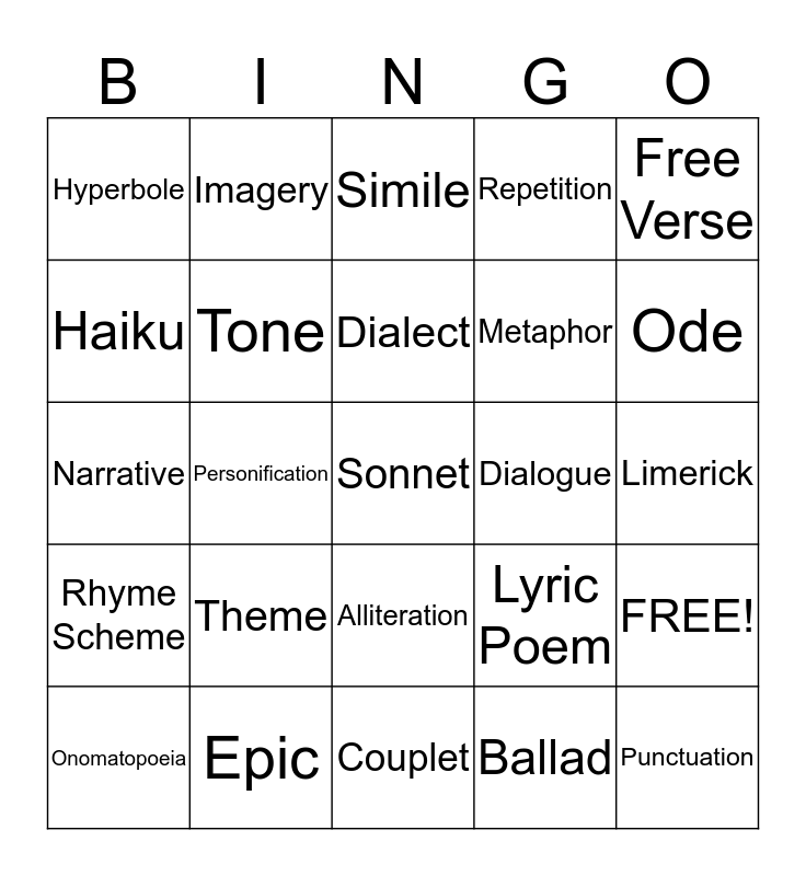 Poetry Terms Bingo Card