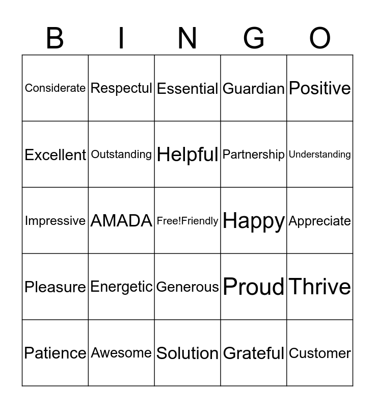 Positive words for Customer Service Bingo Card