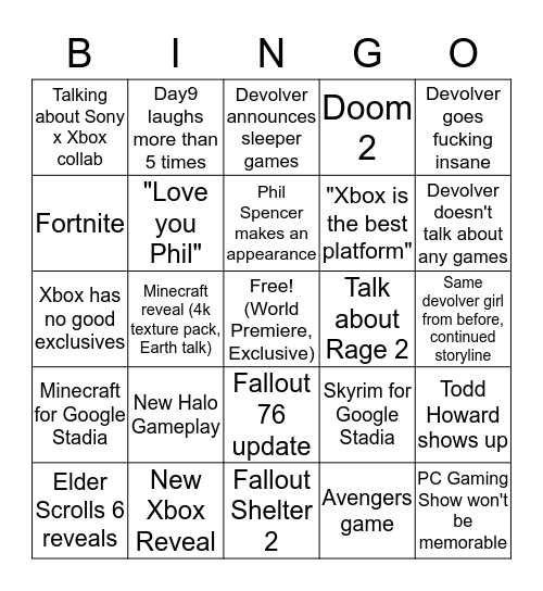 Microsoft x Bethesda x Devolver x PC Gaming Show Bingo Card