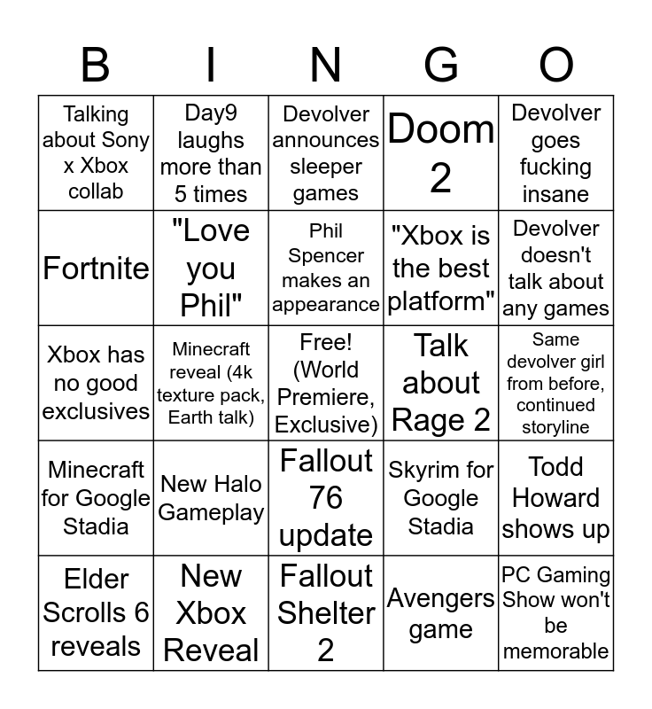 Microsoft x Bethesda x Devolver x PC Gaming Show Bingo Card