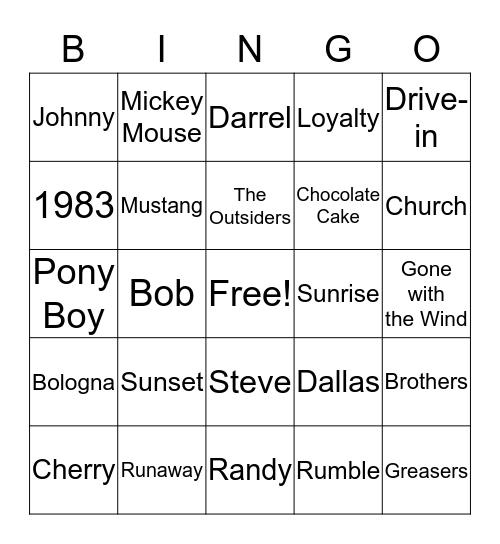 The Outsiders Bingo Card