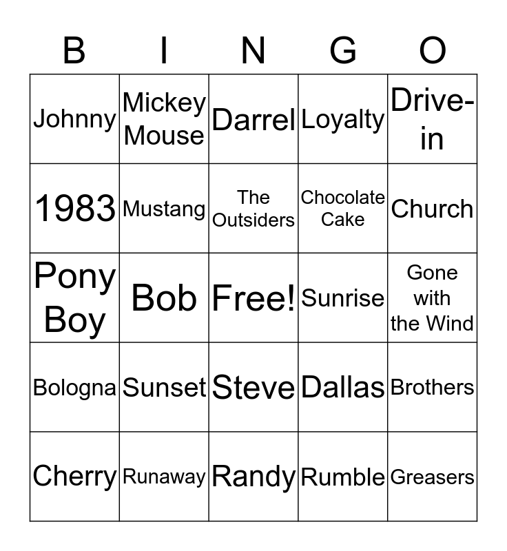 The Outsiders Bingo Card