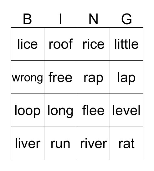 r and l Bingo Card