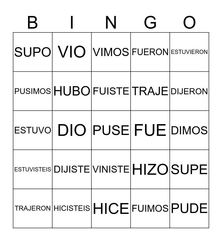 IRREGULAR PRETERITE Bingo Card