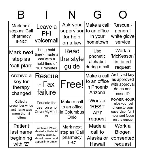 Provider Queue Bingo Card