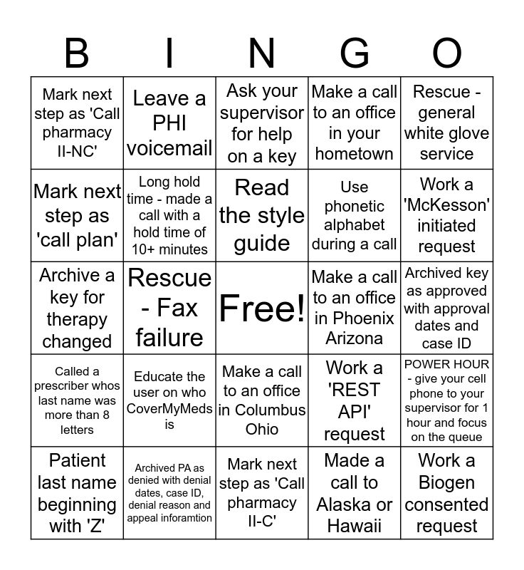 Provider Queue Bingo Card