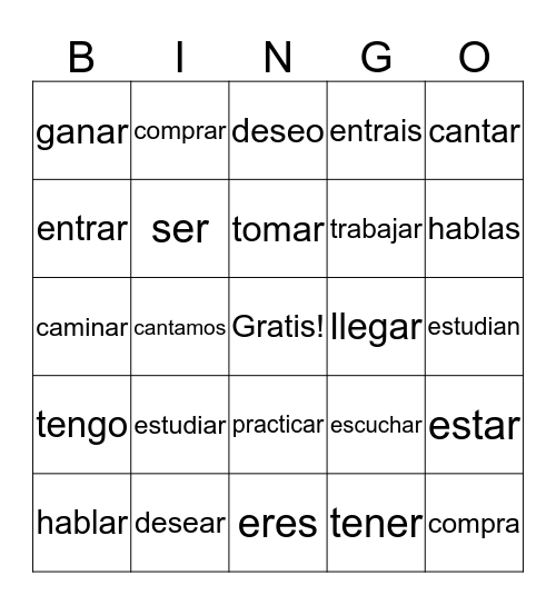 Bingo de Verbos Bingo Card