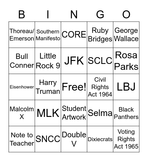 Civil Rights Bingo Card