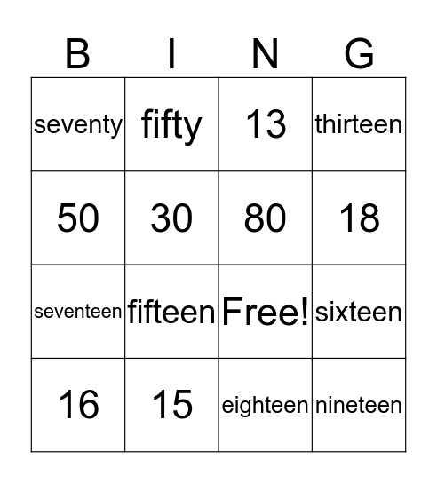 Teen and Ty numbers Bingo Card