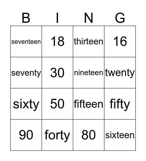 Teen and Ty numbers Bingo Card