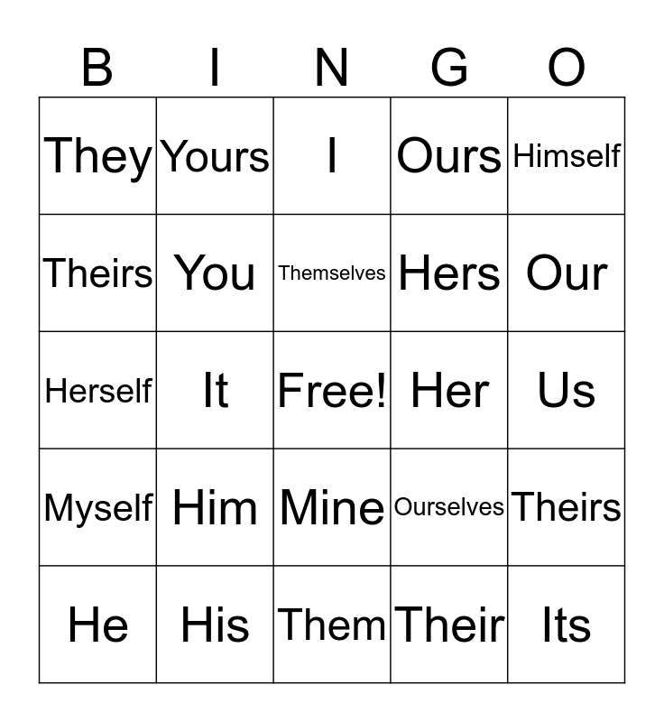 Pronoun Bingo Card