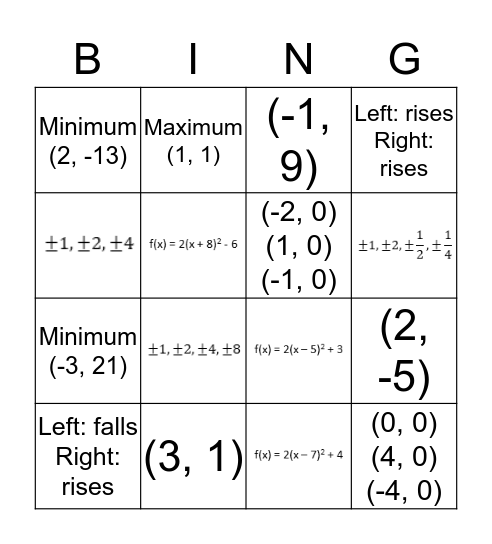Polynomial and Rational Functions Bingo Card