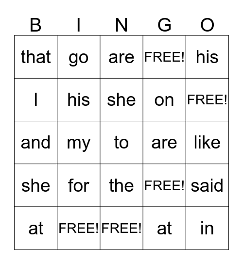 1st 25 Word Bingo Card
