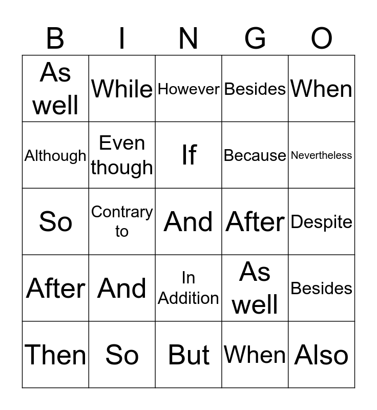Linking Words Bingo Card